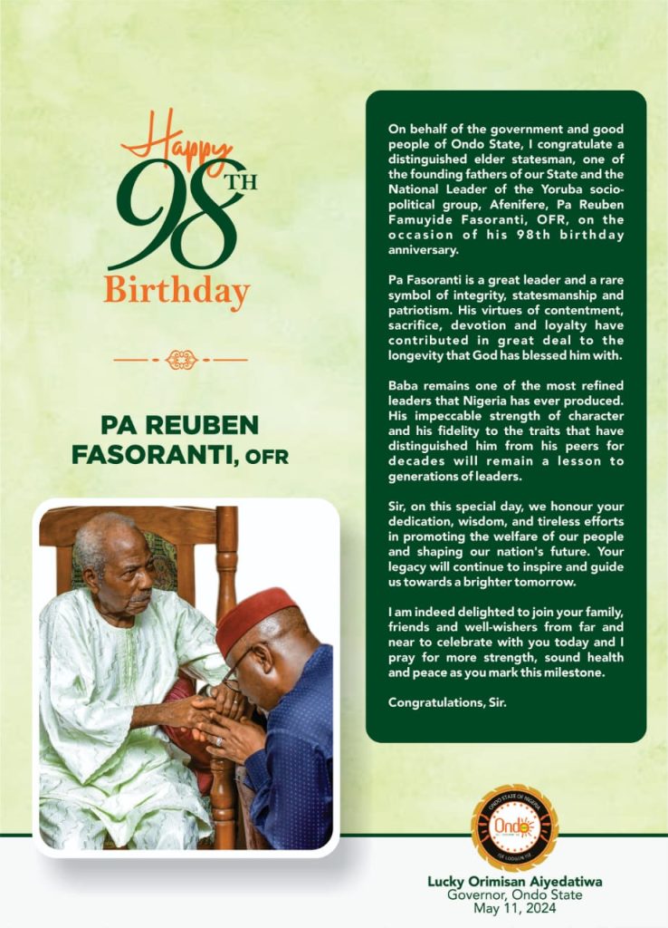 GOV AIYEDATIWA CELEBRATES PA REUBEN FASORANTI AT 98 SAYS HE'S SYMBOL OF ...